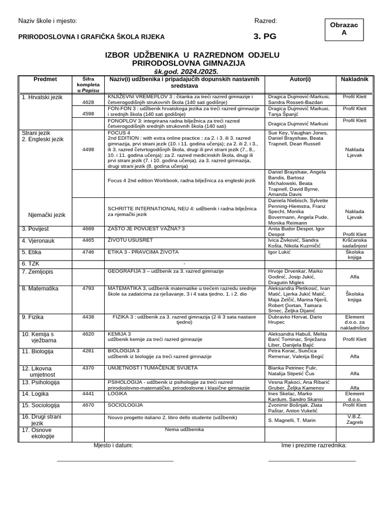 3 PG Popis Udzbenika Za 2024 2025 | PDF