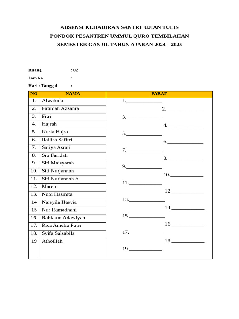 Absensi Santri Ujian Tulis 2024-2025 | PDF