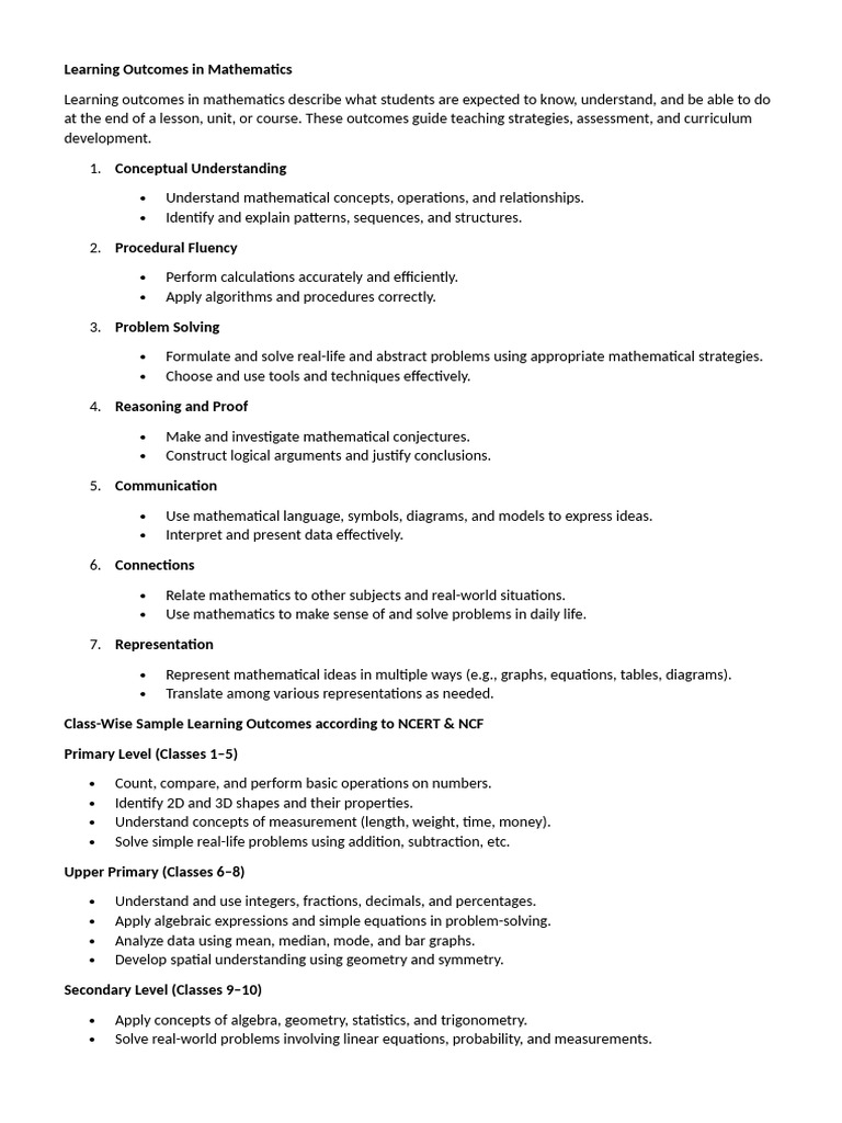 Mathematics Learning Outcomes Explained | PDF | Mathematics | Learning