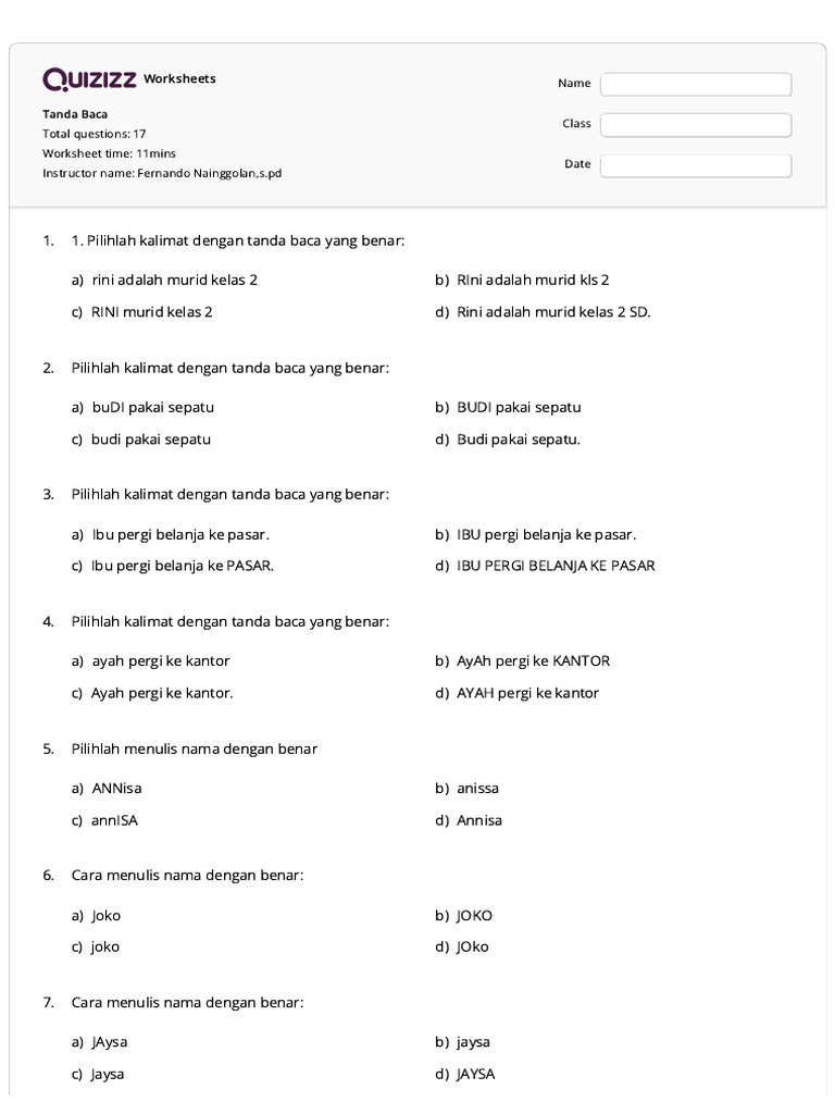 Worksheet Tanda Baca Kelas 3 | PDF