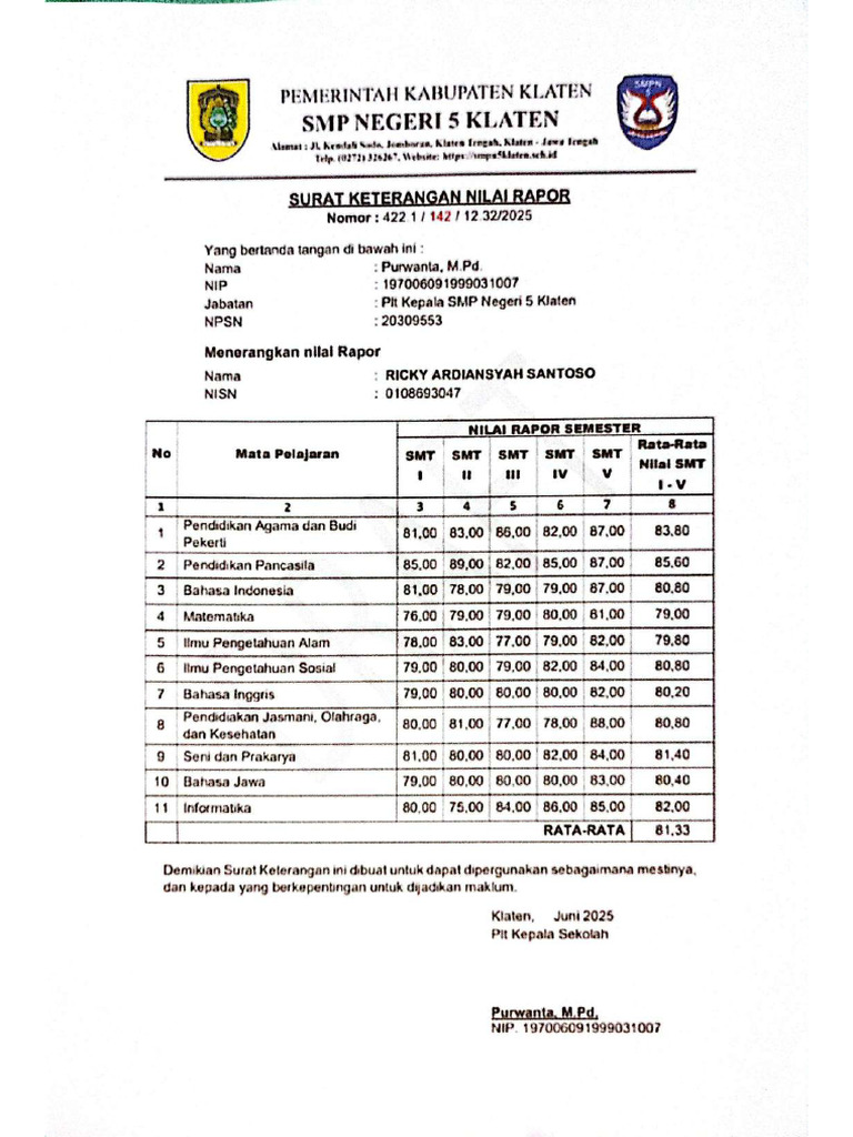 Surat Keterangan Nilai Rapot | PDF