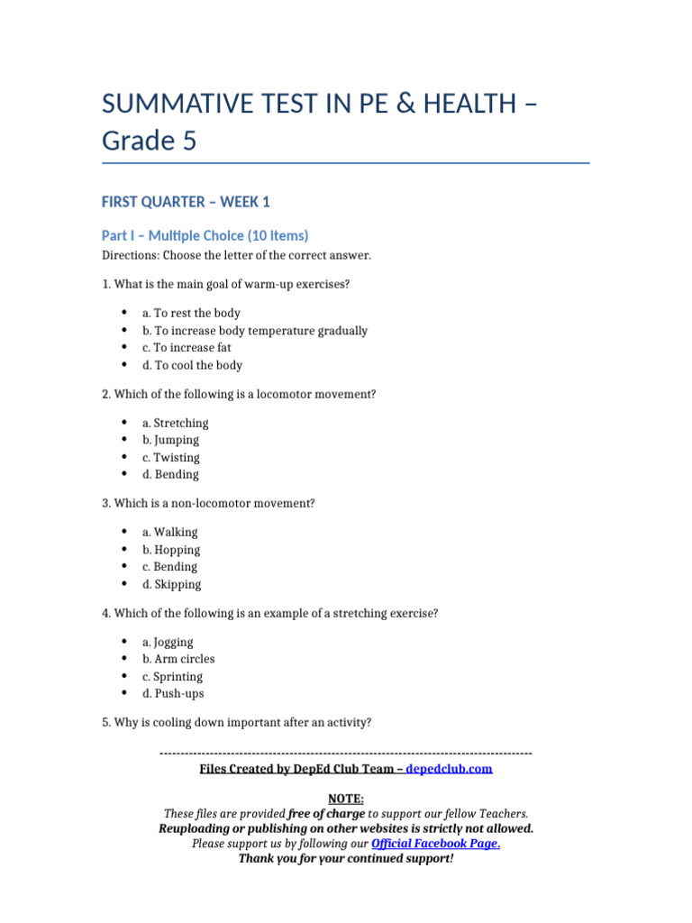 Grade 5 PE & Health Summative Test | PDF | Determinants Of Health