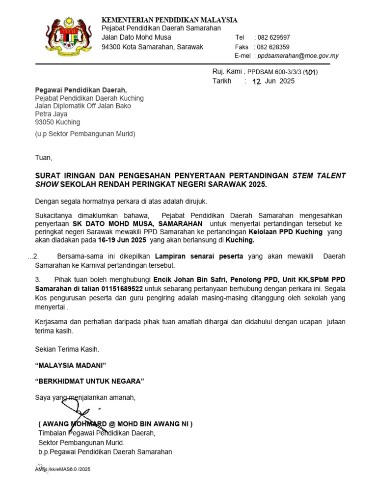 Surat Iringan Dan Pengesahan Penyertaan Pertandingan Stem Talent Show ...