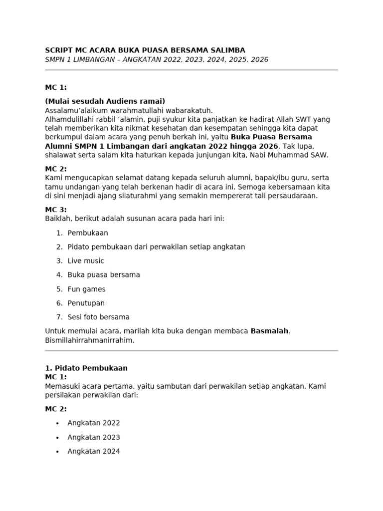 SCRIPT MC ACARA BUKA PUASA BERSAMA SALIMBA | PDF