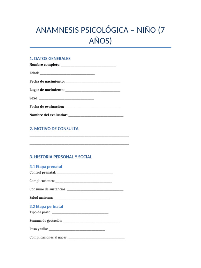 Ejemplo Anamnesis Niños | PDF | Desarrollo humano | Sicología