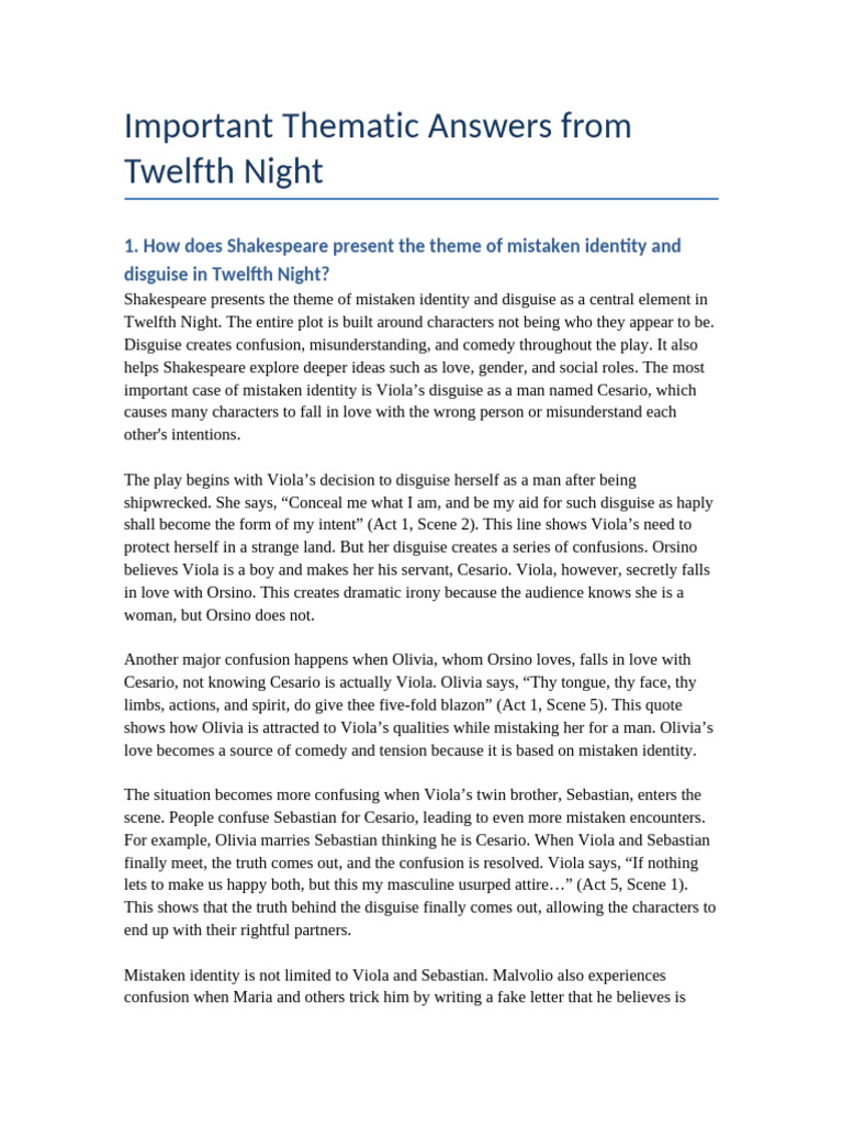 Twelfth Night Thematic Answers | PDF | Twelfth Night