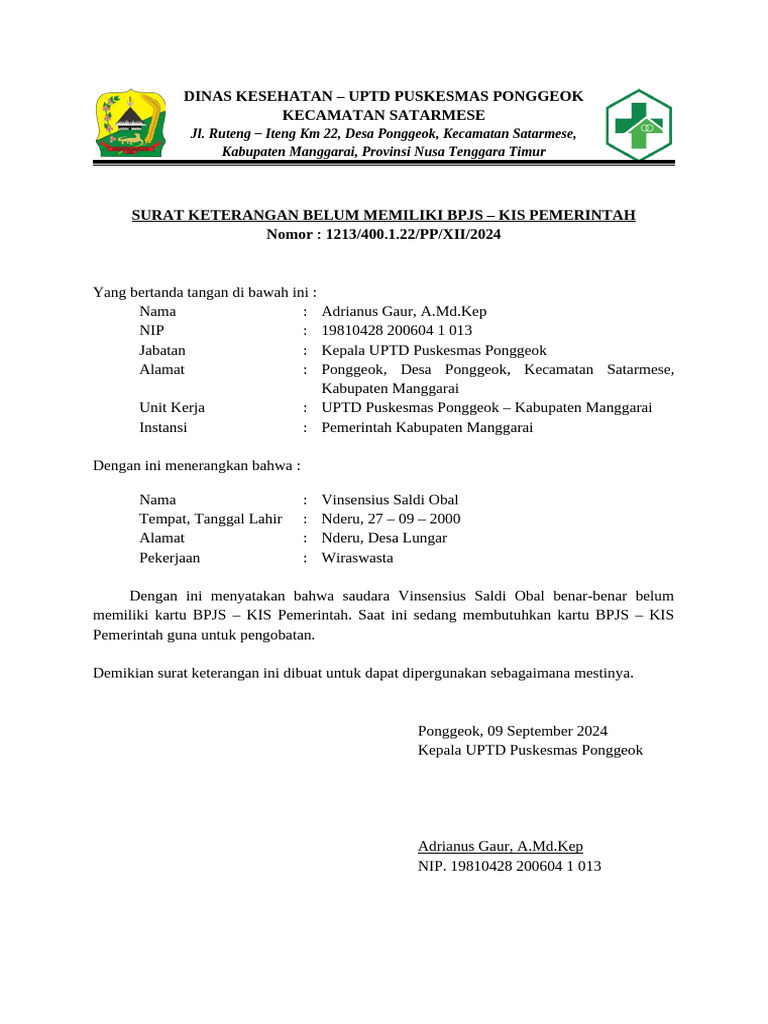 Surat Keterangan Belum Memiliki BPJS - Kis Pemerintah | PDF