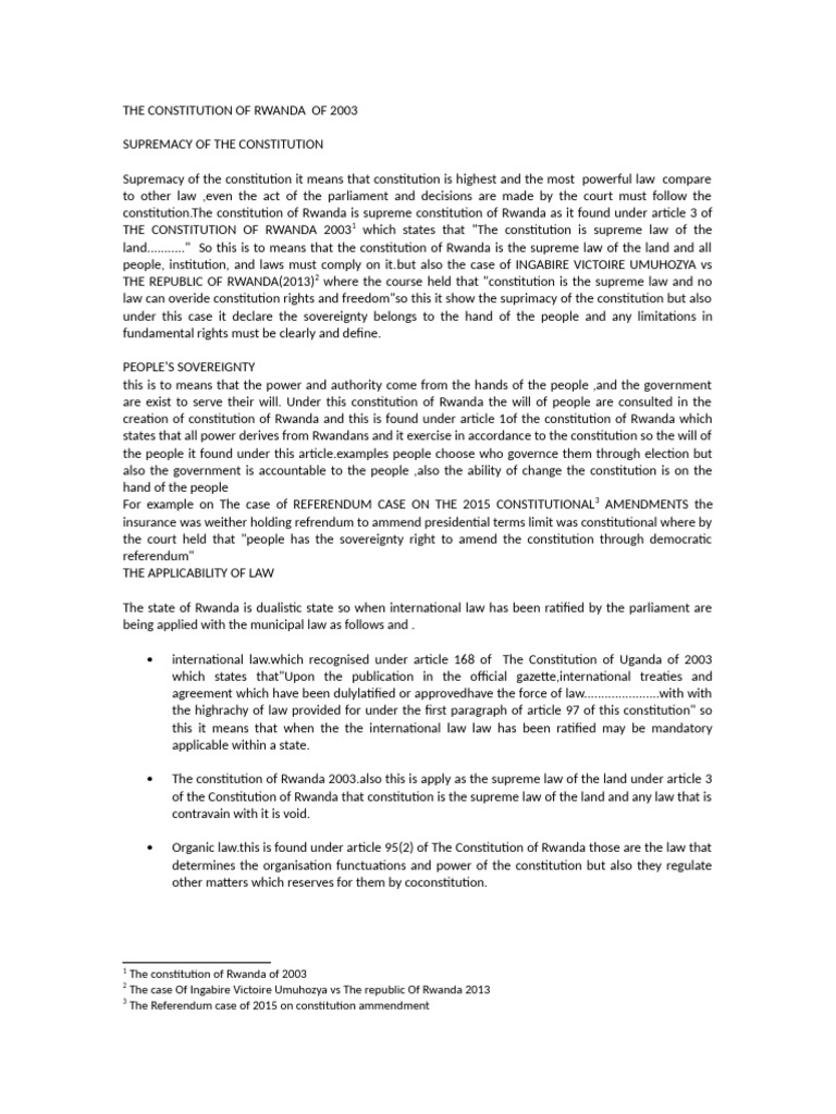 Supremacy and Sovereignty in Rwanda's Constitution | PDF | Constitution ...