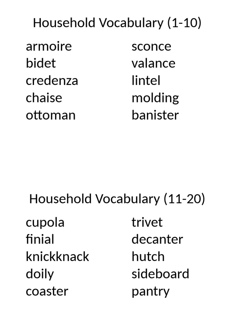 Unfamiliar Household Words Middle School | PDF