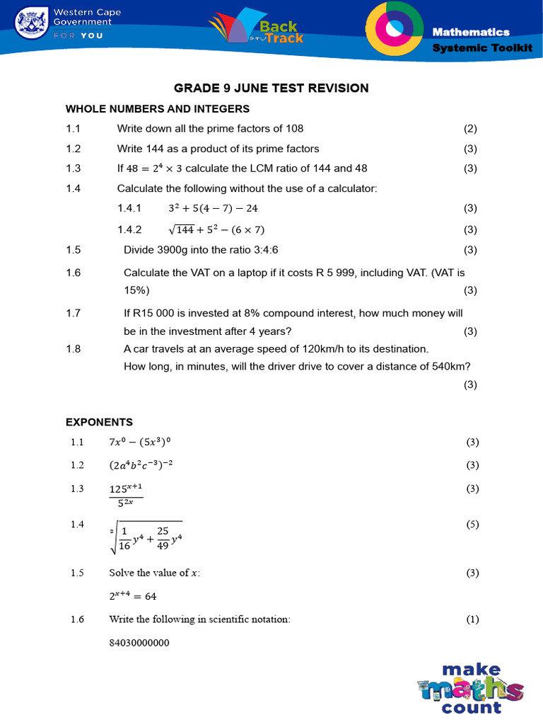 Grade 9 June 2025 Test Revision | PDF | Algebra | Prime Number