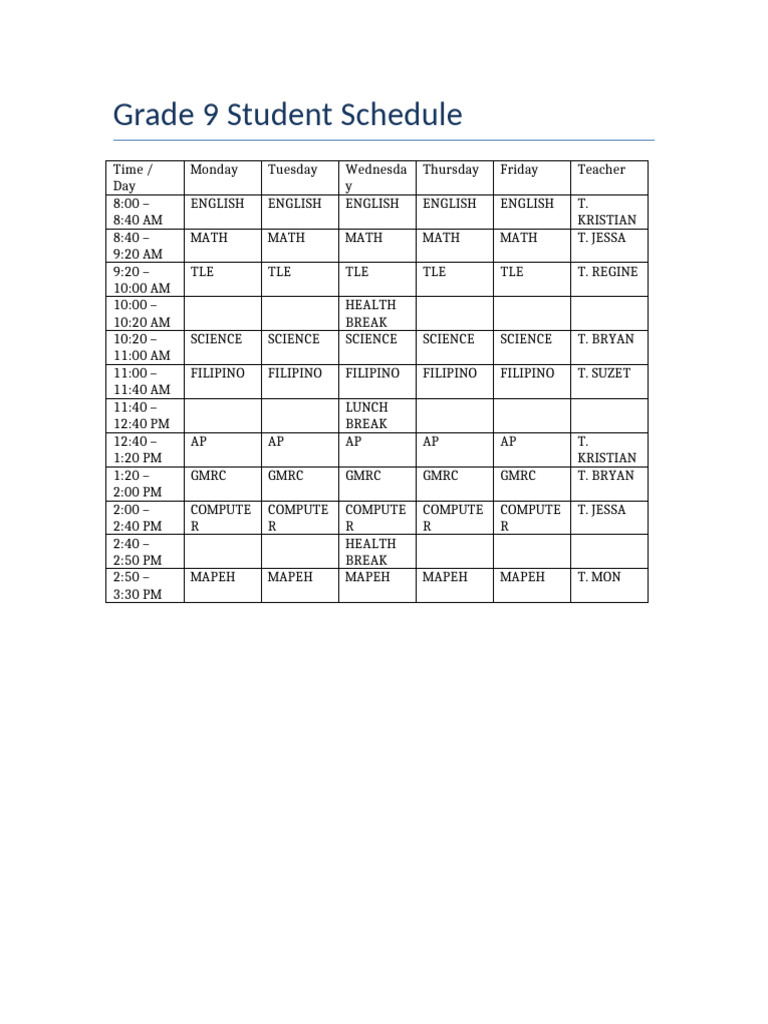 Grade 9 Student Schedule | PDF