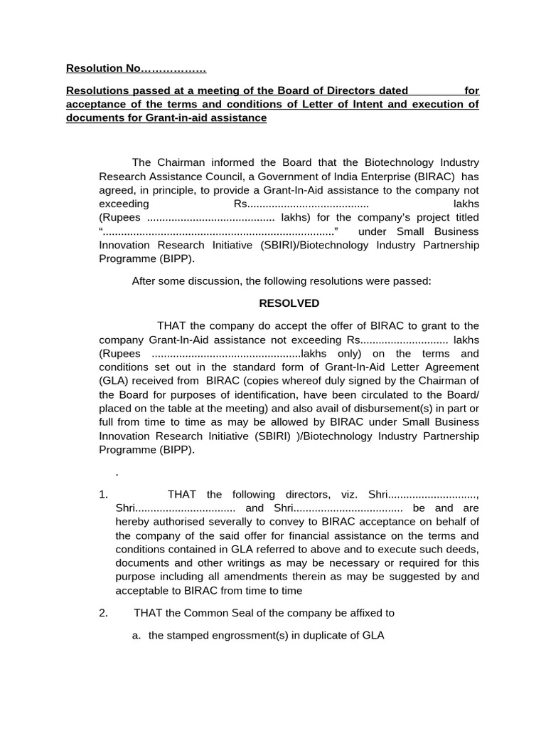 BOD Resolution for BIRAC Grant Acceptance | PDF | Legal Documents