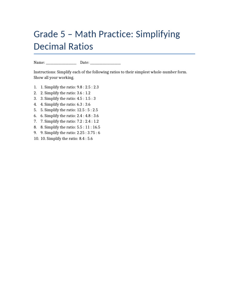 Simplifying Decimal Ratios Practice | PDF