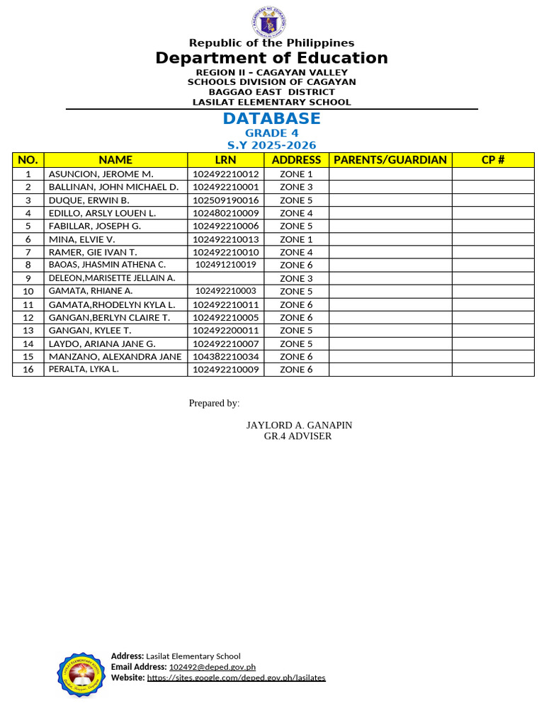 Grade 4 Enrollment Database SY 2025-2026 | PDF