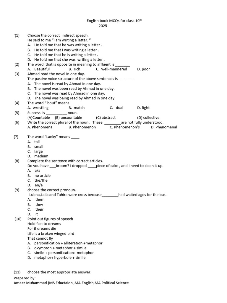 Class 10 English MCQs 2025 Guide | PDF | Verb | Adverb
