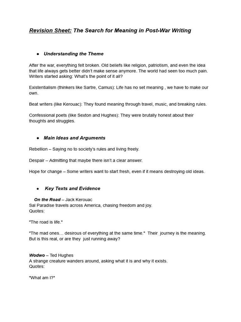Revision Sheet: The Search For Meaning in Post-War Writing | PDF ...