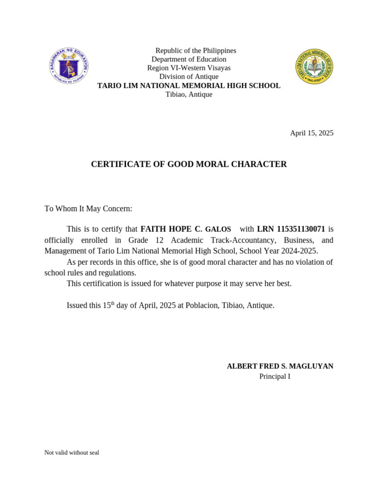 Certificate of Good Moral Character | PDF