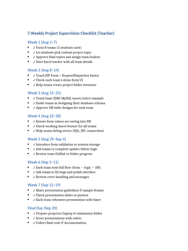 Teacher Weekly Project Checklist | PDF