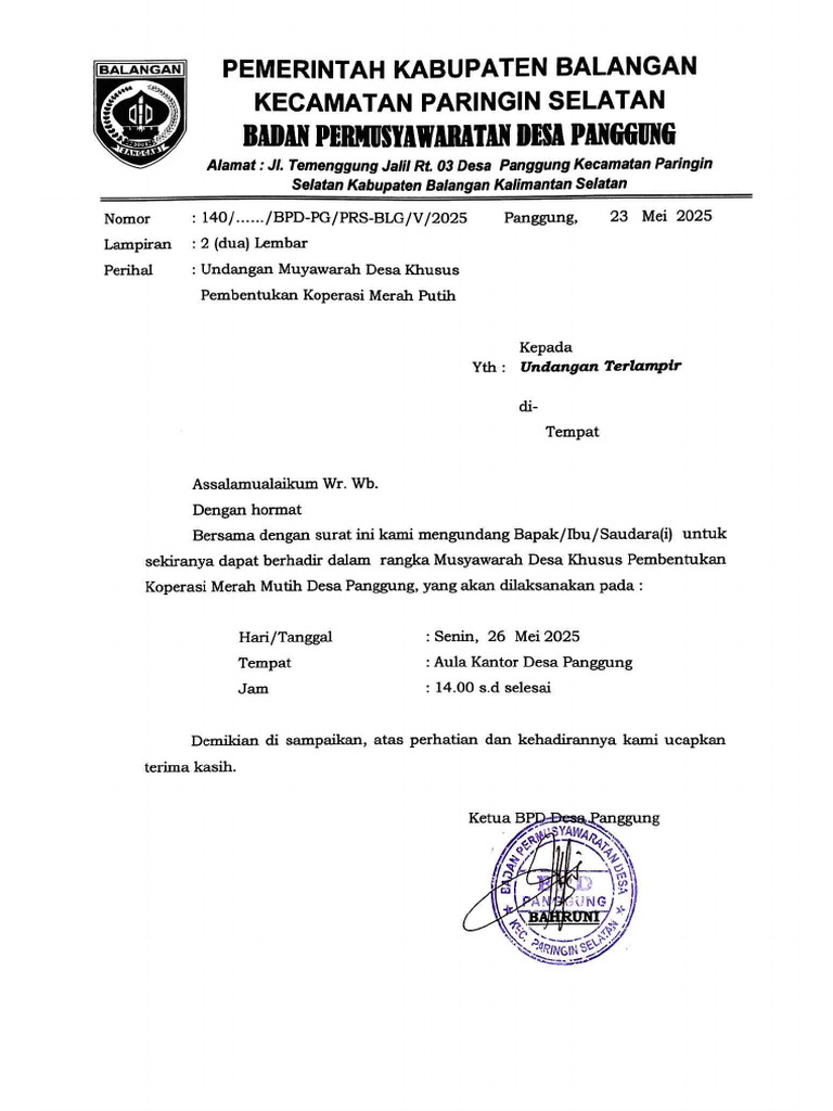 Undangan Musdesus Koperasi Merah Putih Desa Panggung | PDF