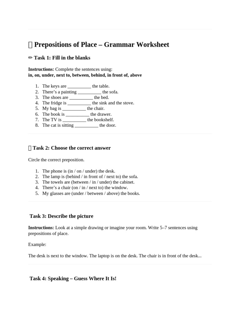 Prepositions of Place Worksheet | PDF