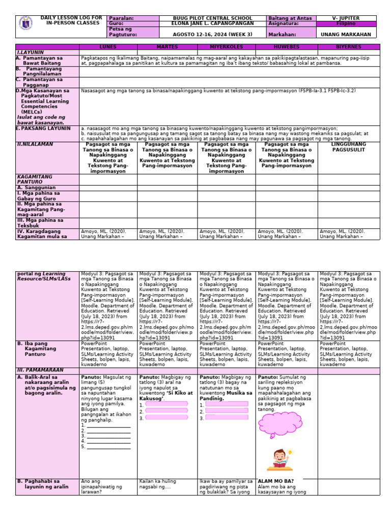 G5 Q1W3 DLL FILIPINO MELCs 2024 2025 | PDF