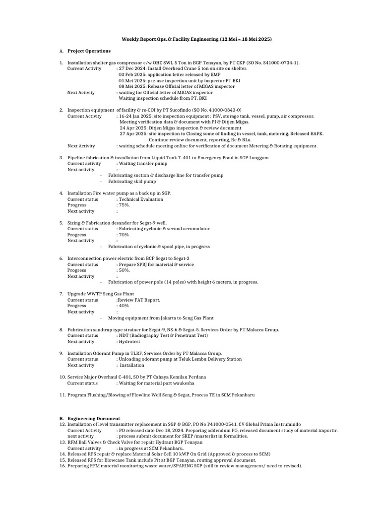 18.05.2025 Weekly Report Field Engineering | PDF | Pump | Turbomachinery