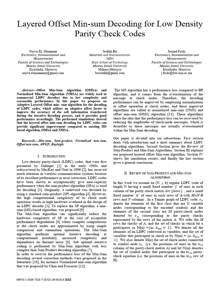 Layered Offset Min-Sum Decoding For Low Density Parity Check Codes | PDF | Low Density Parity ...