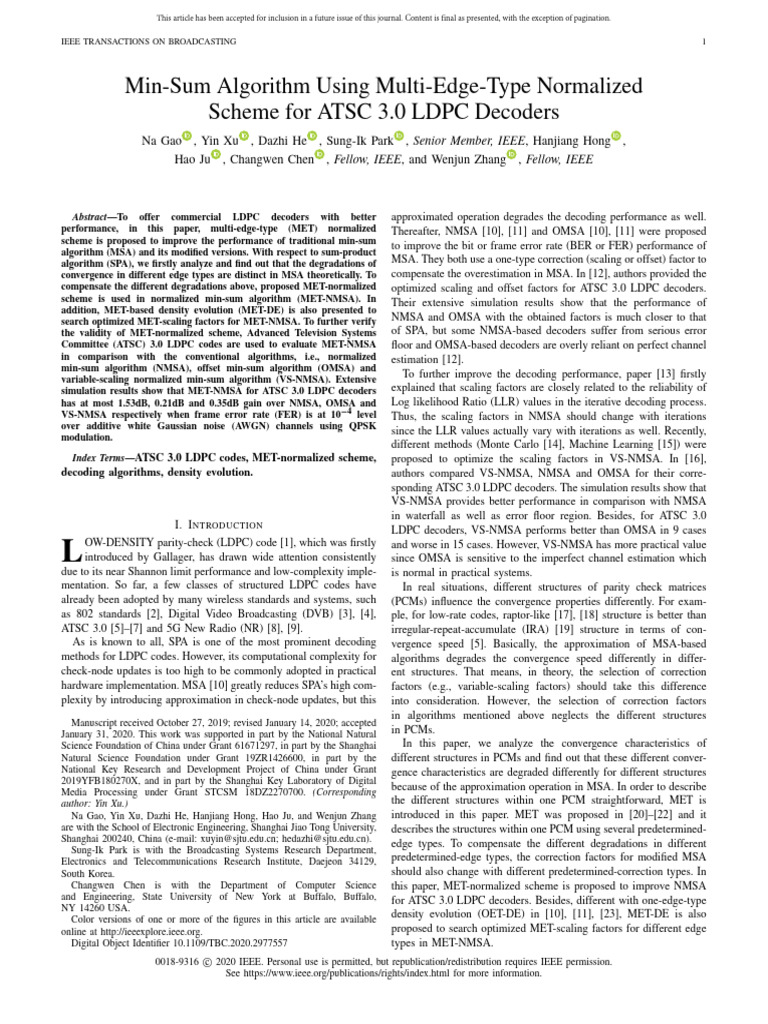 Min Sum Algorithm Using Multi Edge Type Normalized Scheme For Atsc 30 Ldpc Decoders Pdf Low