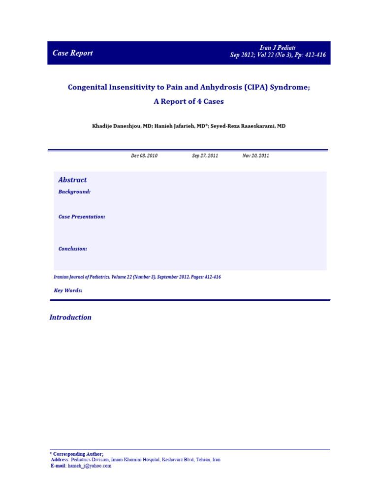 Congenital Insensitivity To Pain and Anhydrosis (CIPA) Syndrome | PDF ...