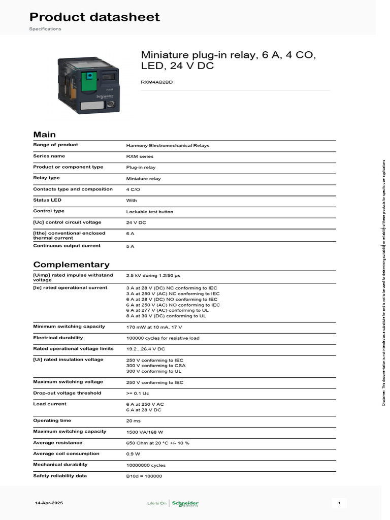Miniature 6A Plug-in Relay RXM4AB2BD | PDF | Relay | Direct Current
