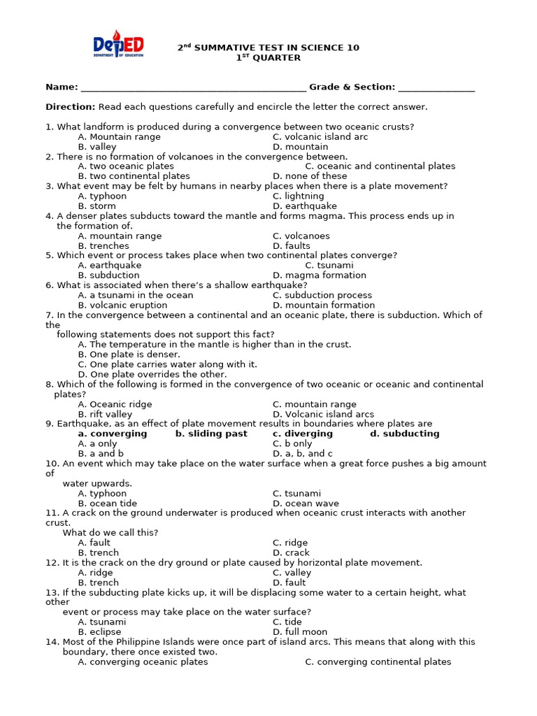 Complete 1st Quarter 2nd Summative Test With Performance Task in ...