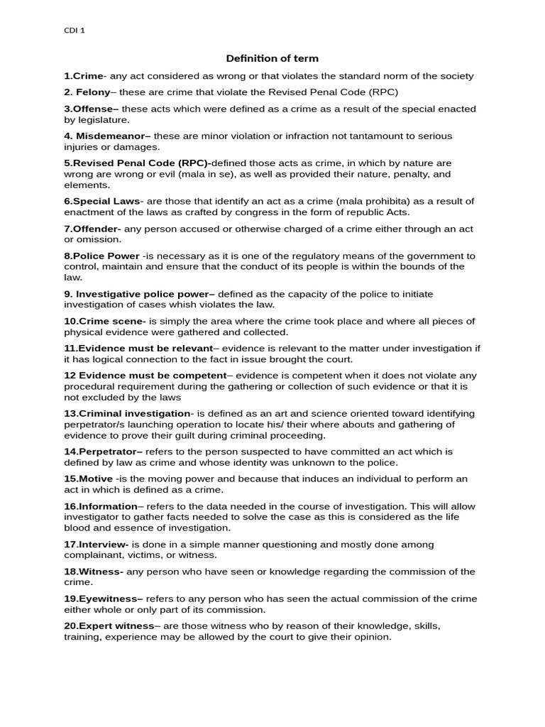 Key Terms in Criminal Law and Investigation | PDF | Crime Scene | Crimes