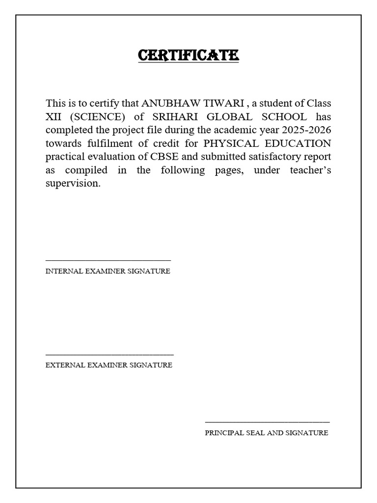 CBSE Physical Education Project Certificate | PDF