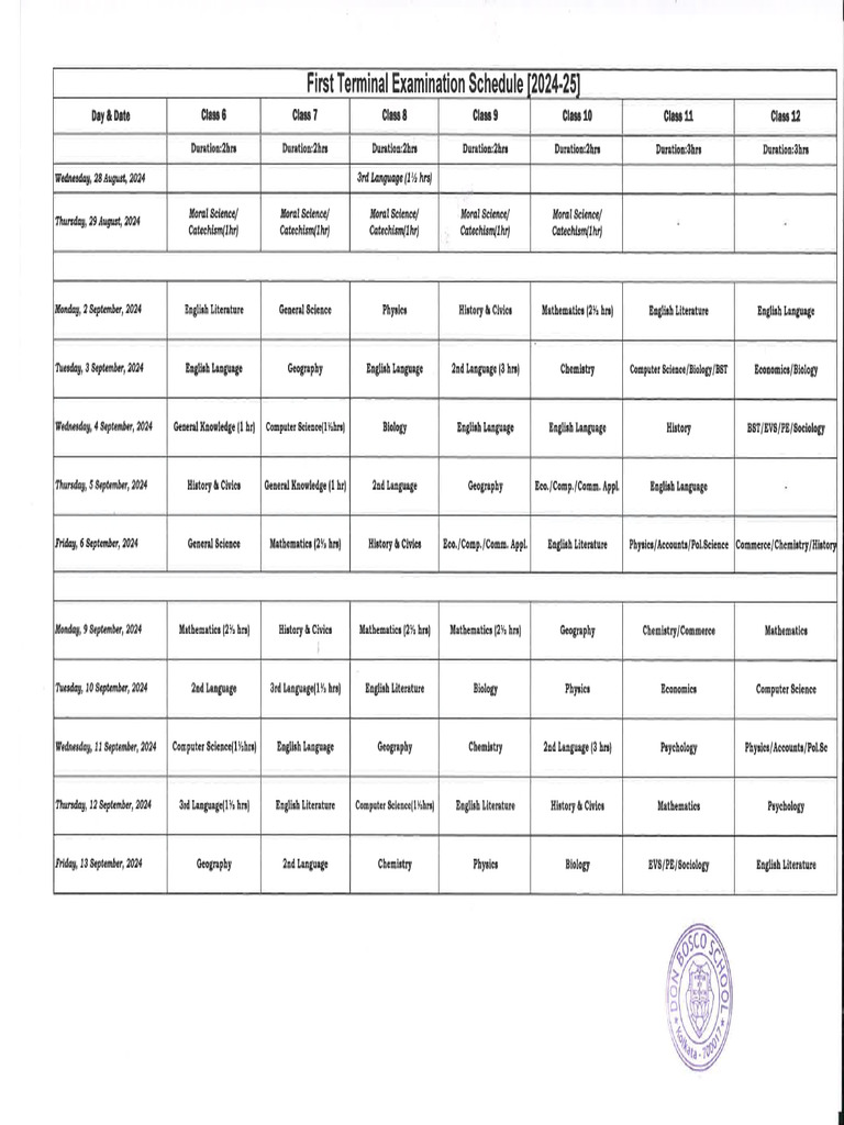 Class 11-First term Exam Schedule | PDF