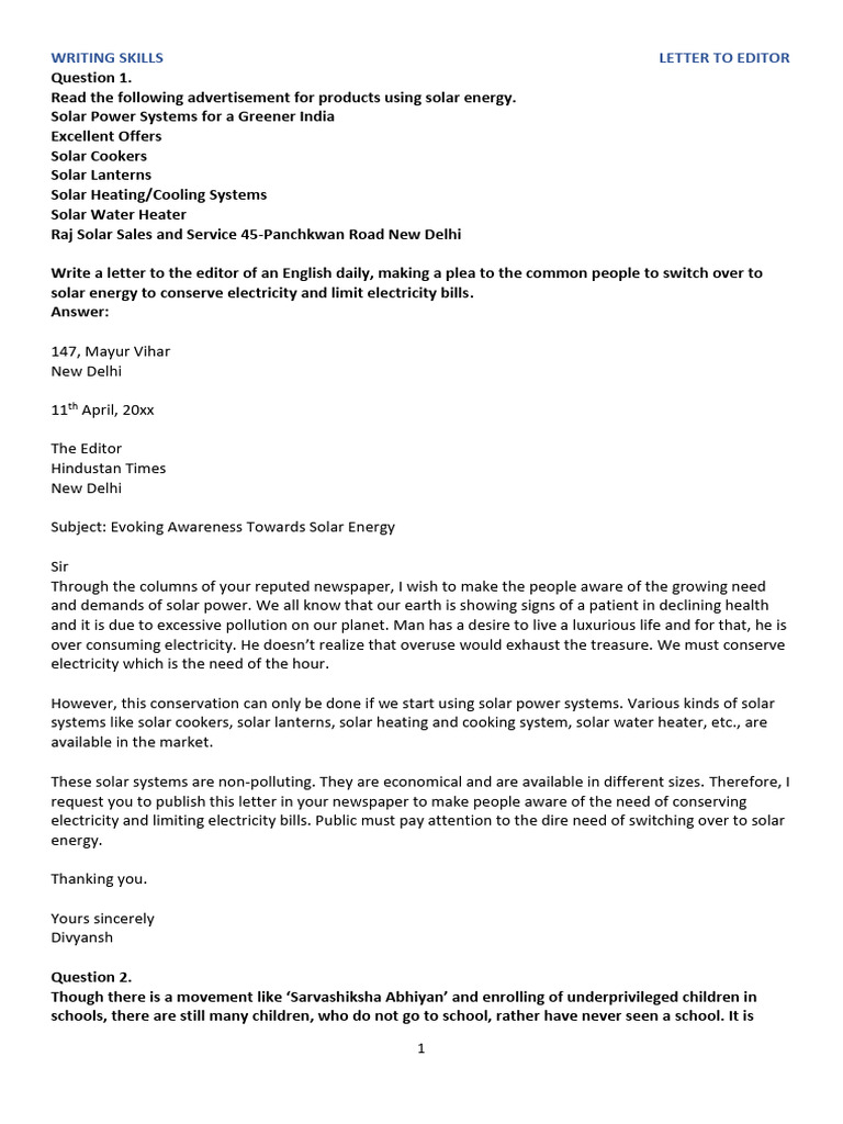 Writing Skills - Letter To Editor - Solved Questions | PDF | Urban ...
