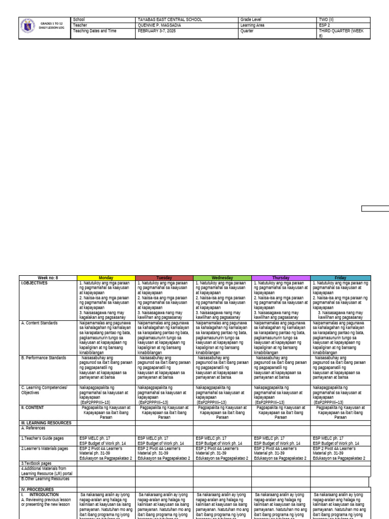 ESP WLP Week 8. Quarter 3 | PDF