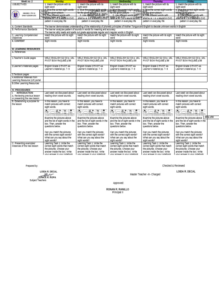 English 2 q4 WLP Week 2 Sight Words | PDF | Cognition | Applied Linguistics