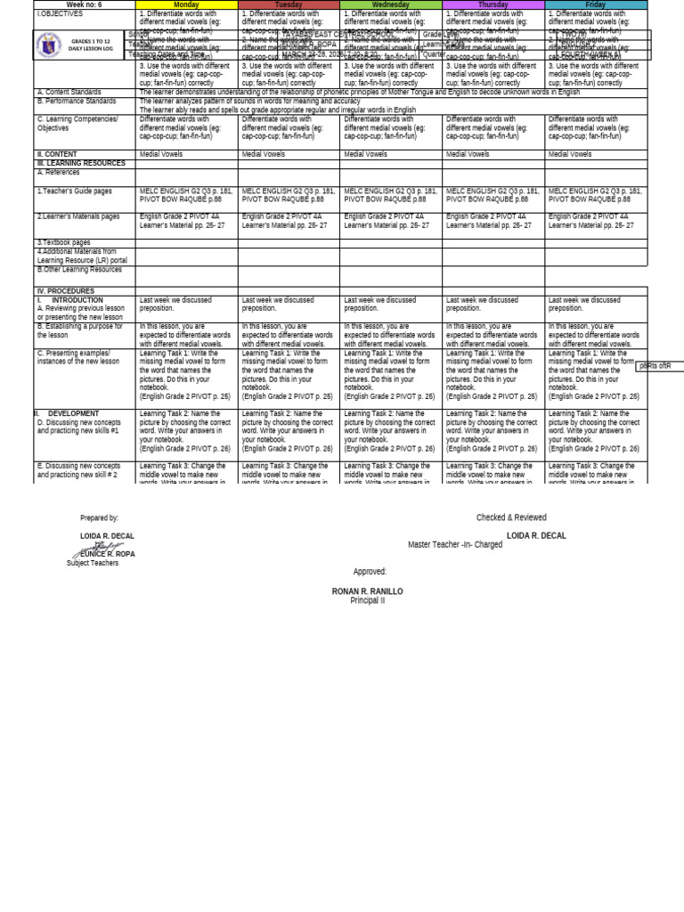 English 2 q4 WLP Week 6 Medial Vowels | PDF | English Language | Phonetics