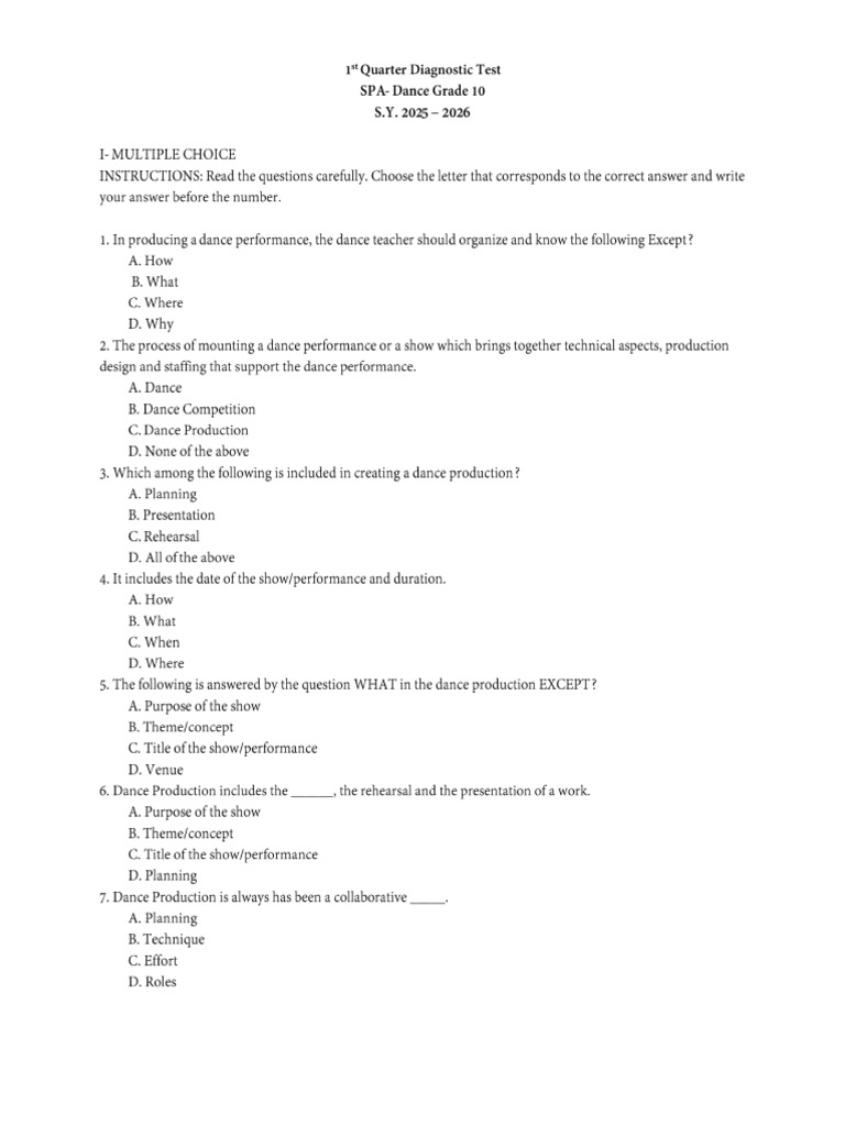Q1 - Diagnostic Test in G10 Dance | PDF