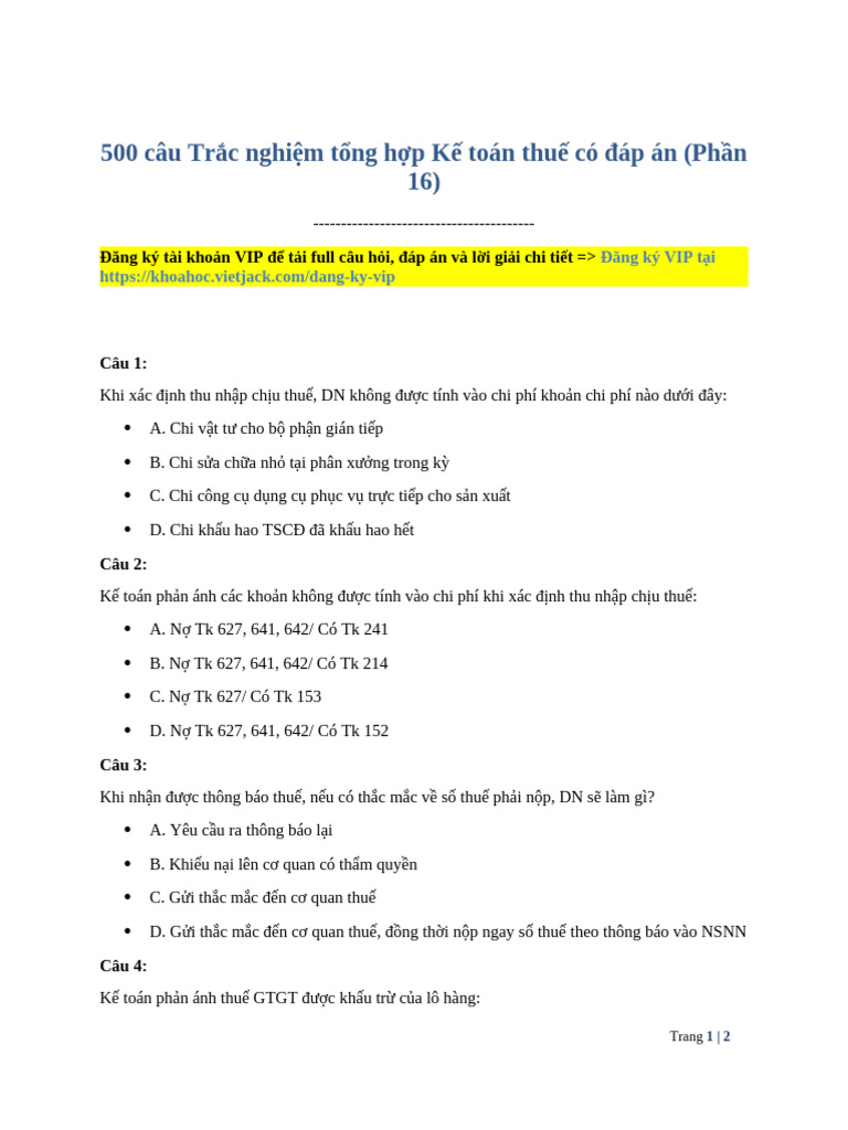 500 Cau Trac Nghiem Tong Hop Ke Toan Thue Co Dap An Phan 16 2025-05-29 | PDF