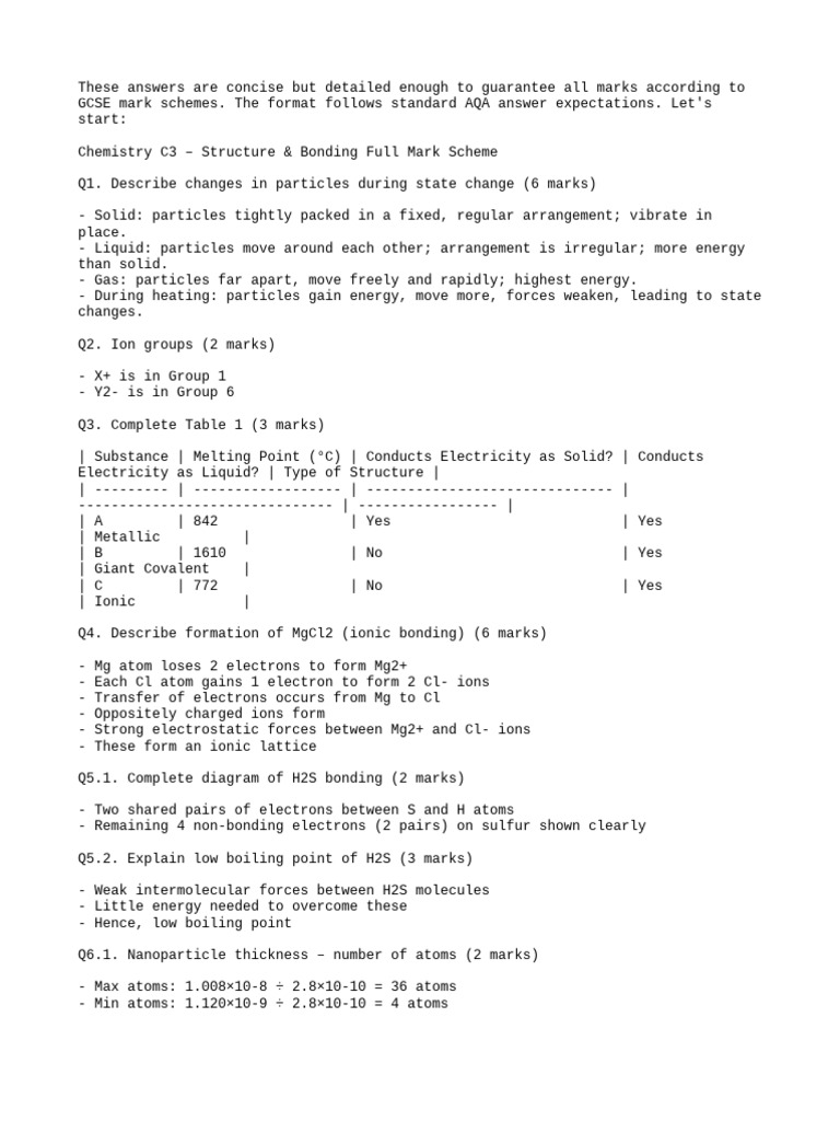 C3 Test Paper Mark Scheme (Text Only GPT Made) | PDF | Chemical Bond | Ion