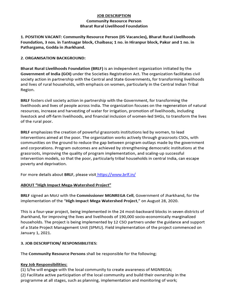 Community Resource Person Openings at BRLF | PDF | Economies