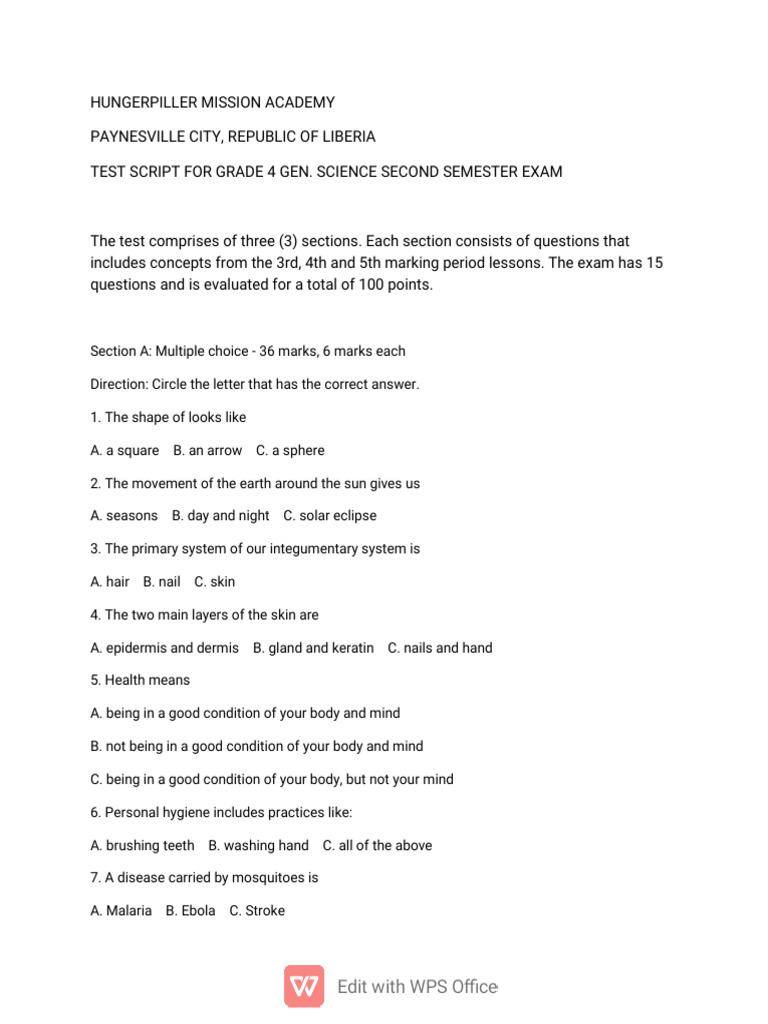Grade 4 Exam Script-WPS Office | PDF | Skin | Integumentary System