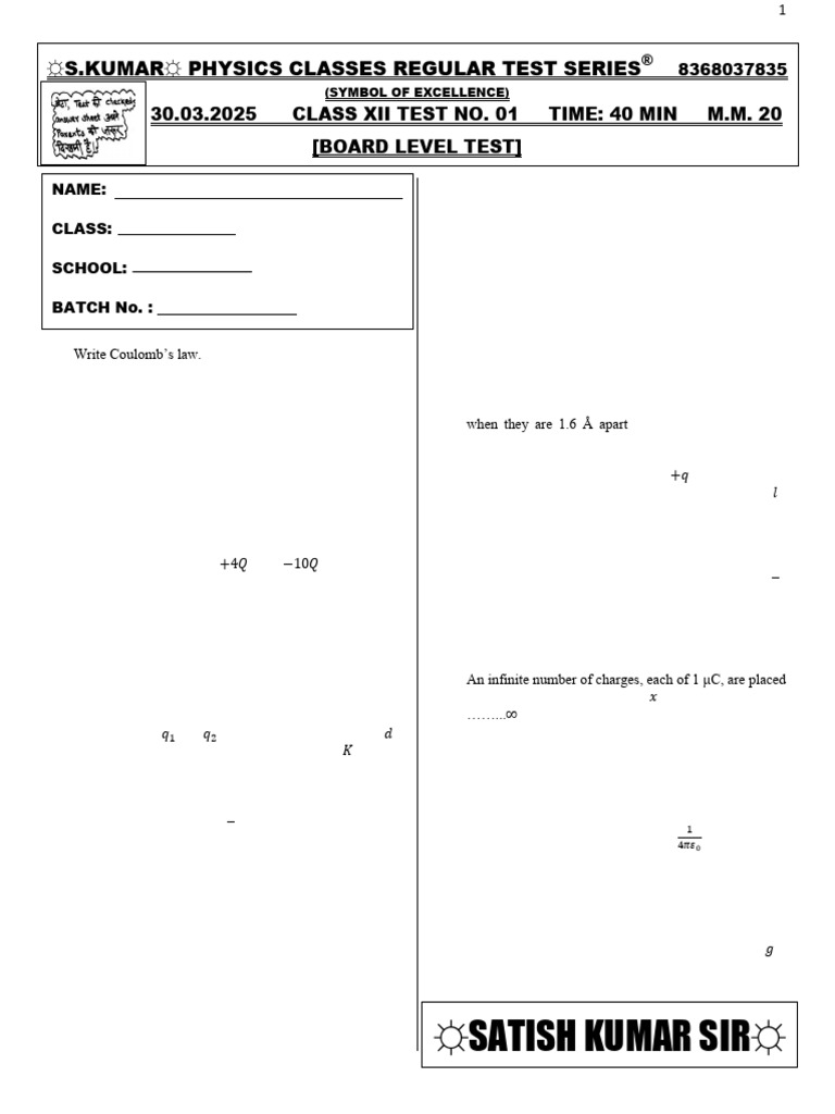 Xii Test 01 (Board Level) | PDF | Force | Permittivity