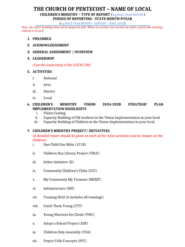 Local Comprehensive Report Format - 2025 Children's Ministry | PDF