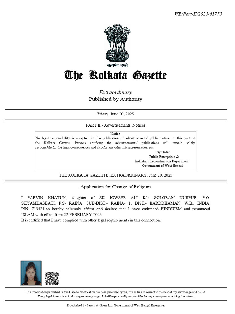 Kolkata Gazette Notice: Religion Change | PDF