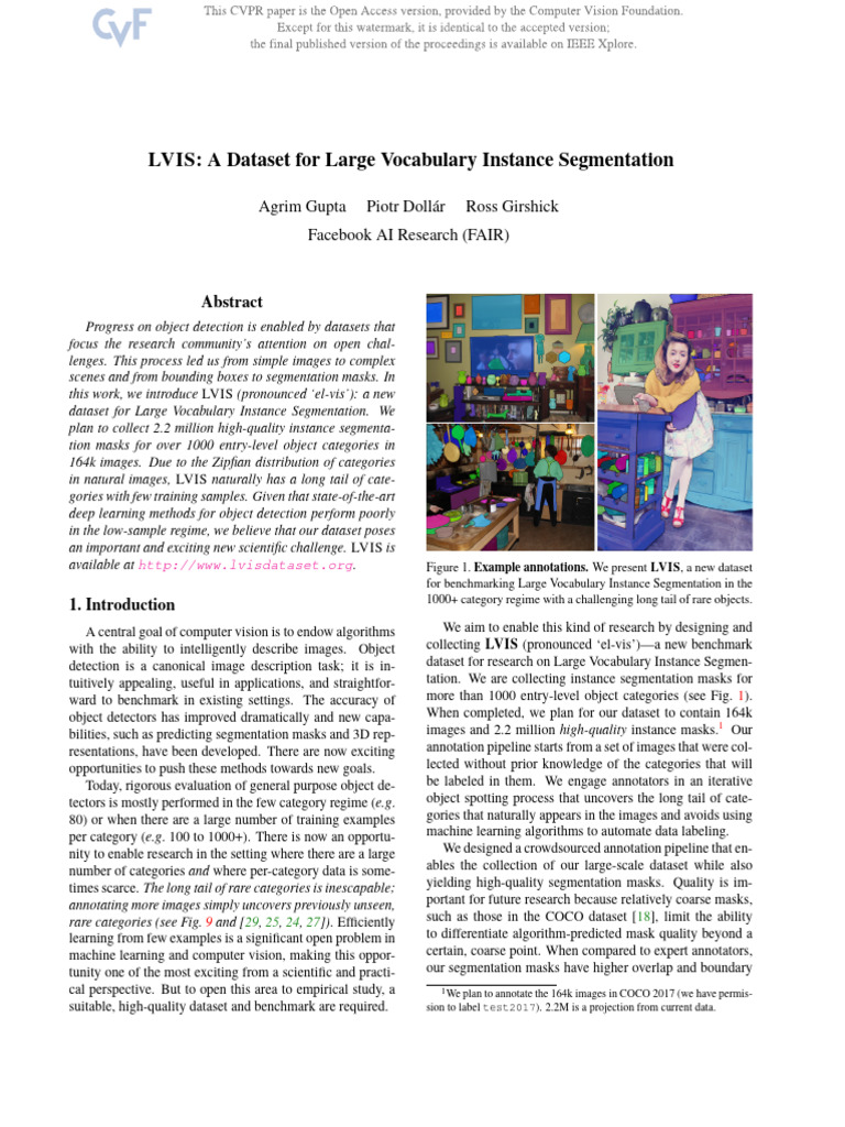 LVIS A Dataset For Large Vocabulary Instance Segmentation | PDF | Image Segmentation | Machine ...