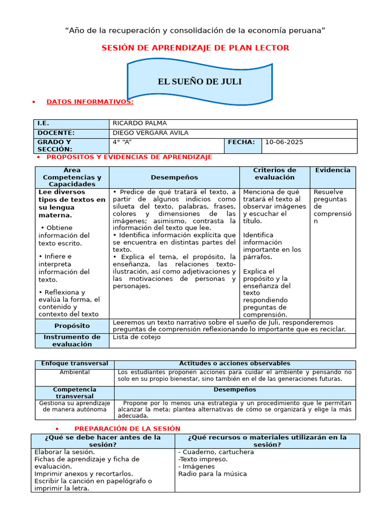 3° Ses Plan Lector Vier 13 Sueño de Juli 933623393 Yessenia Carrasco ...