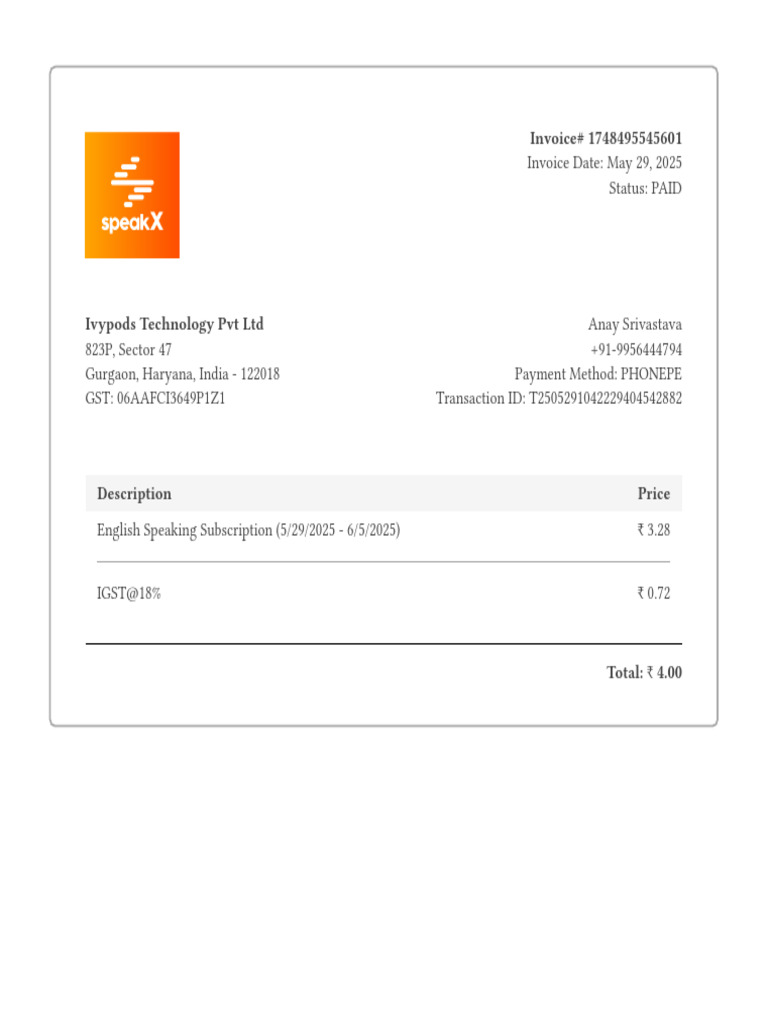 Paid Invoice for English Subscription | PDF