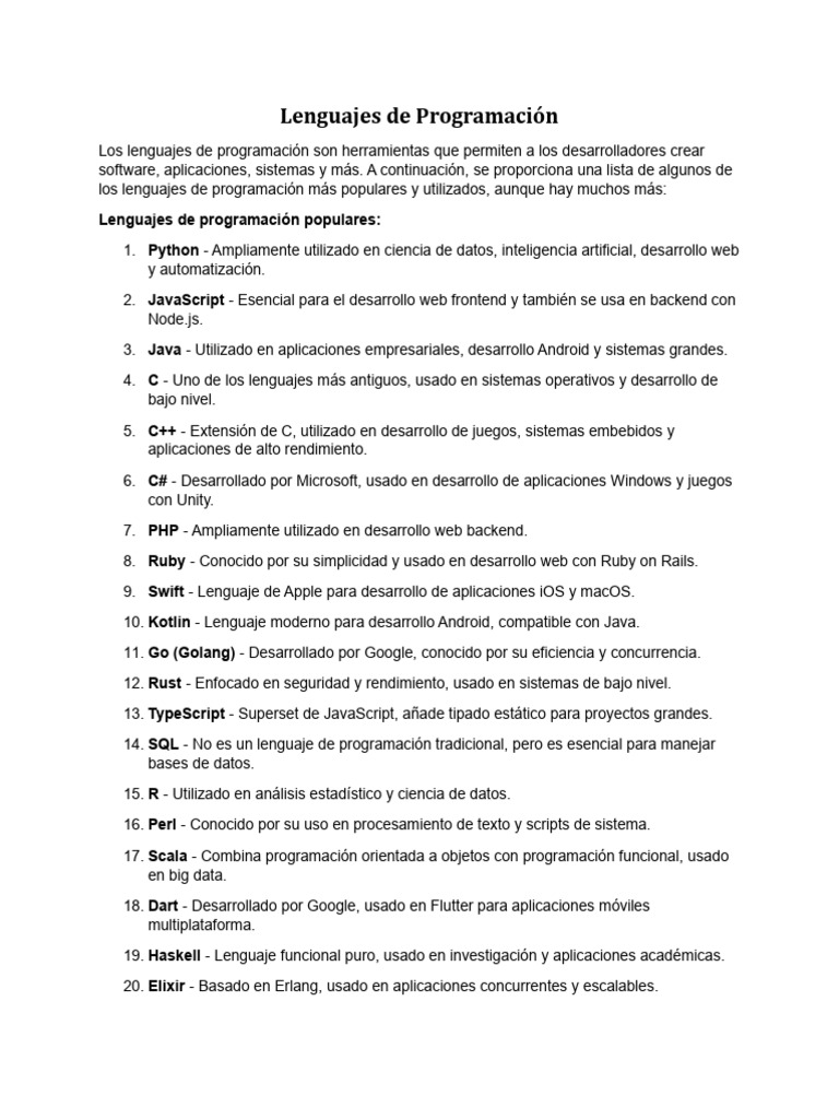 Lenguajes de Programación y Usos | PDF | Lenguaje de programación ...